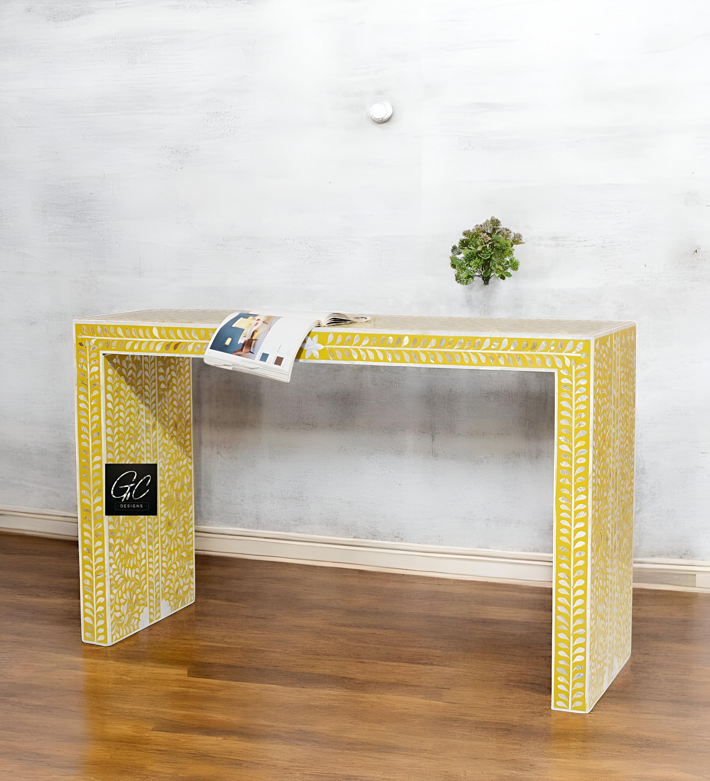 Yellow Floral Mother of Pearl Inlay Console Table | Yellow MOP Console ...