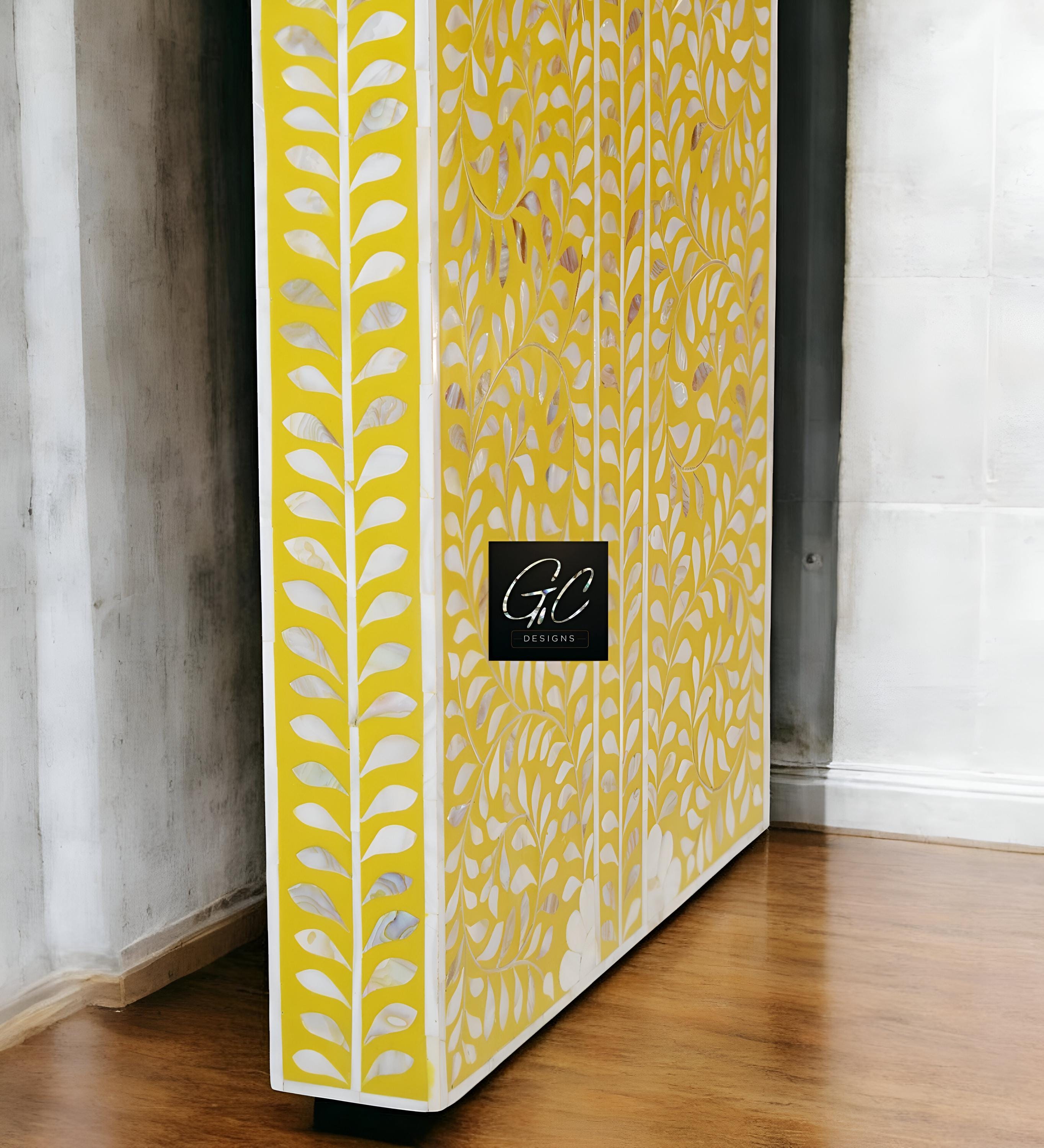 Yellow Floral Mother of Pearl Inlay Console Table | Yellow MOP Console ...