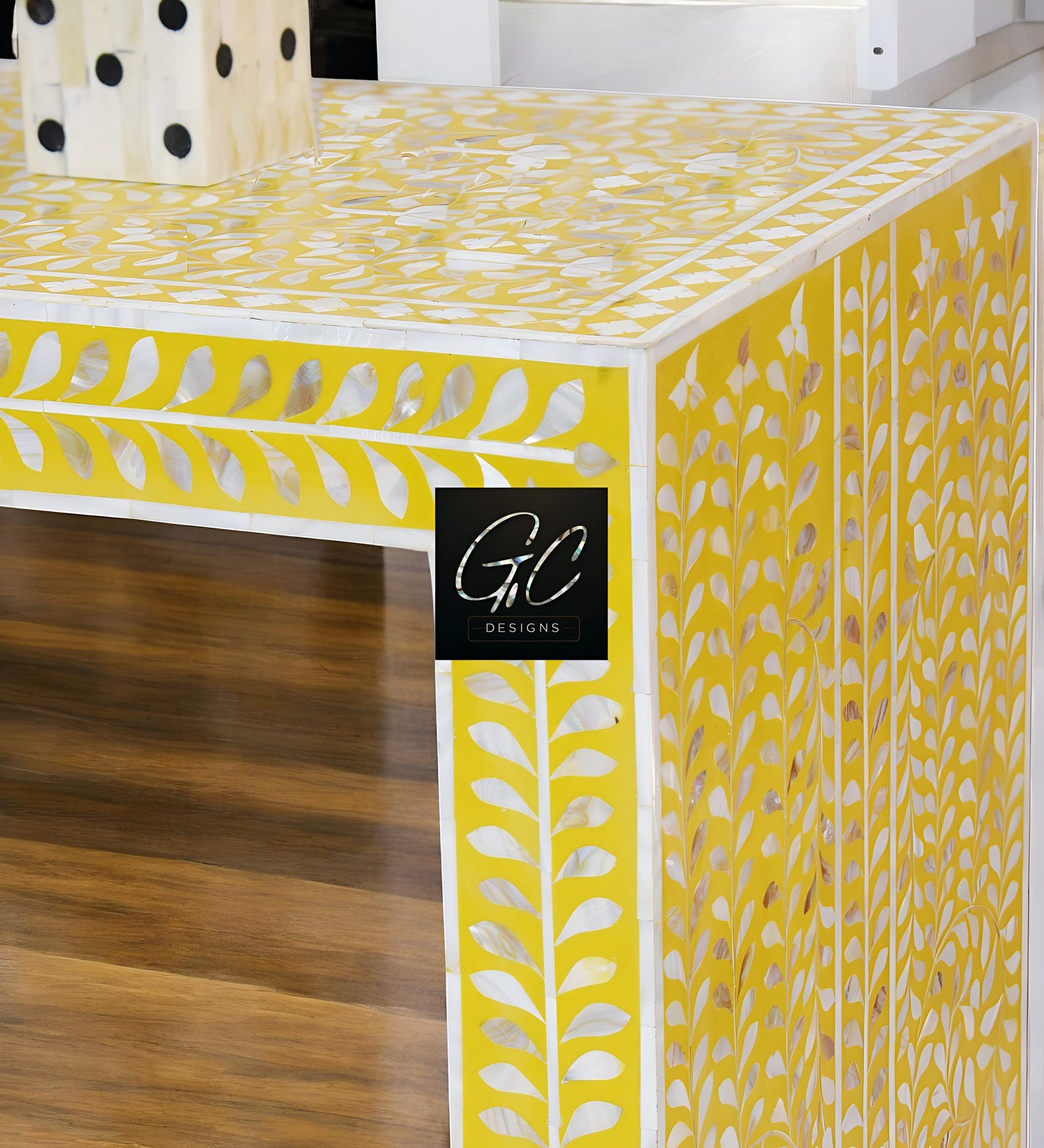 Yellow Floral Mother of Pearl Inlay Console Table | Yellow MOP Console ...