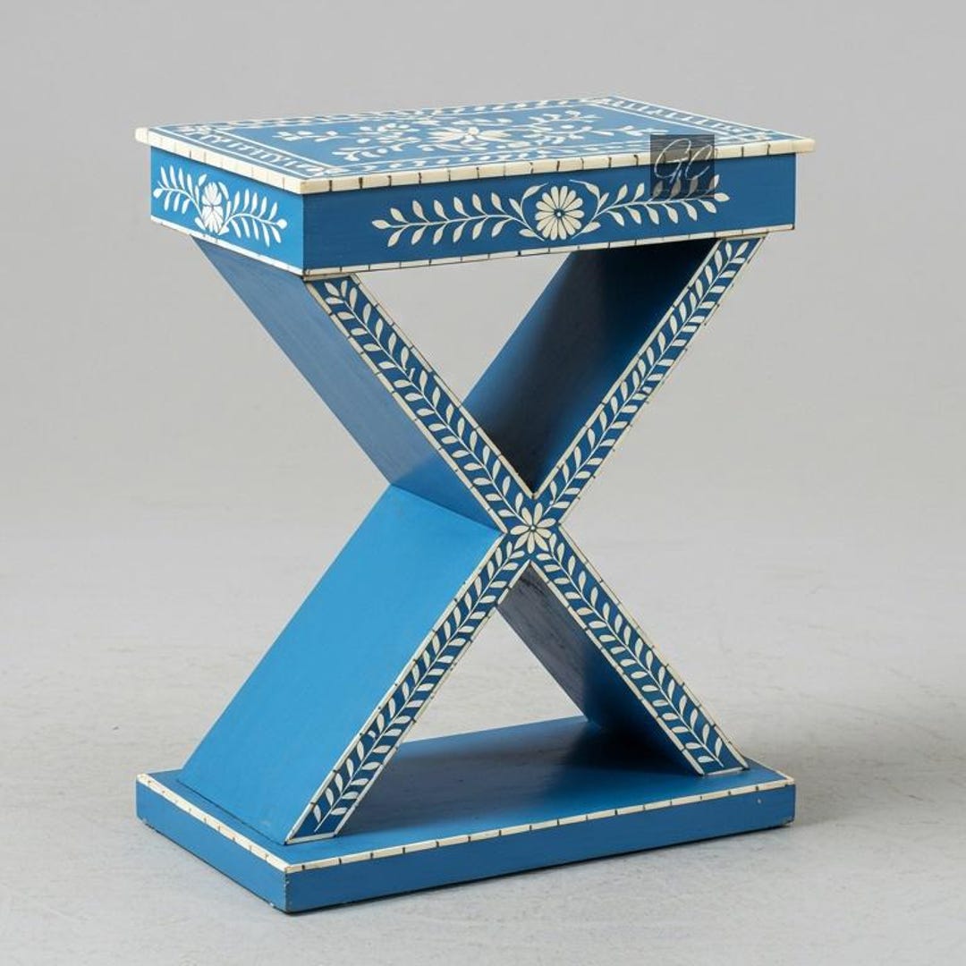 Bone Inlay X-shaped Side Table Handcrafted Leaf and Floral Design for ...