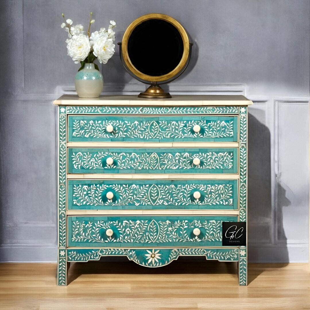 Elegant Home Decor Luxury Floral Pattern Sky Blue Bone Inlay Dresser ...
