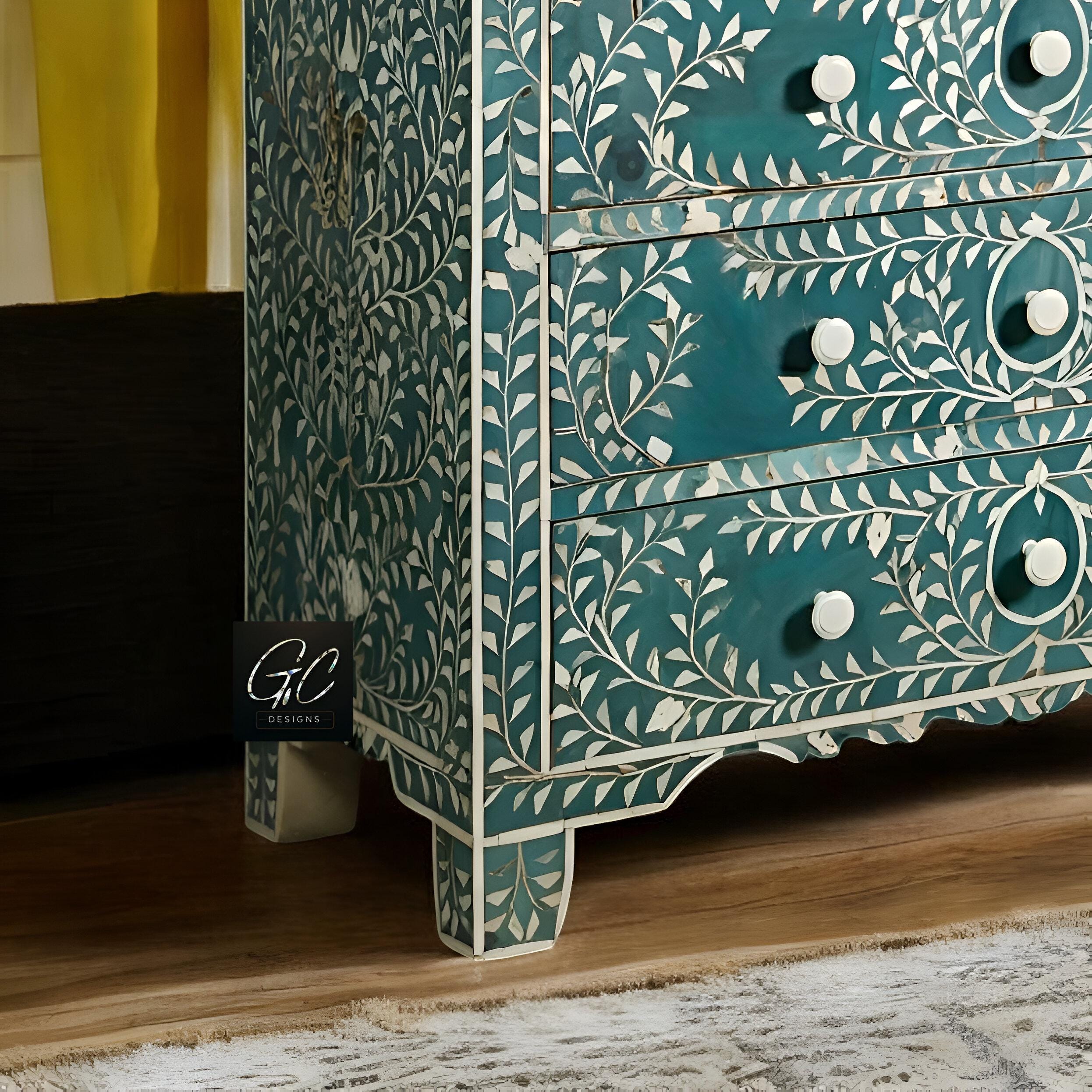 Three Drawer Bone Inlay Chest | Floral Pattern Dresser | Green Bone ...