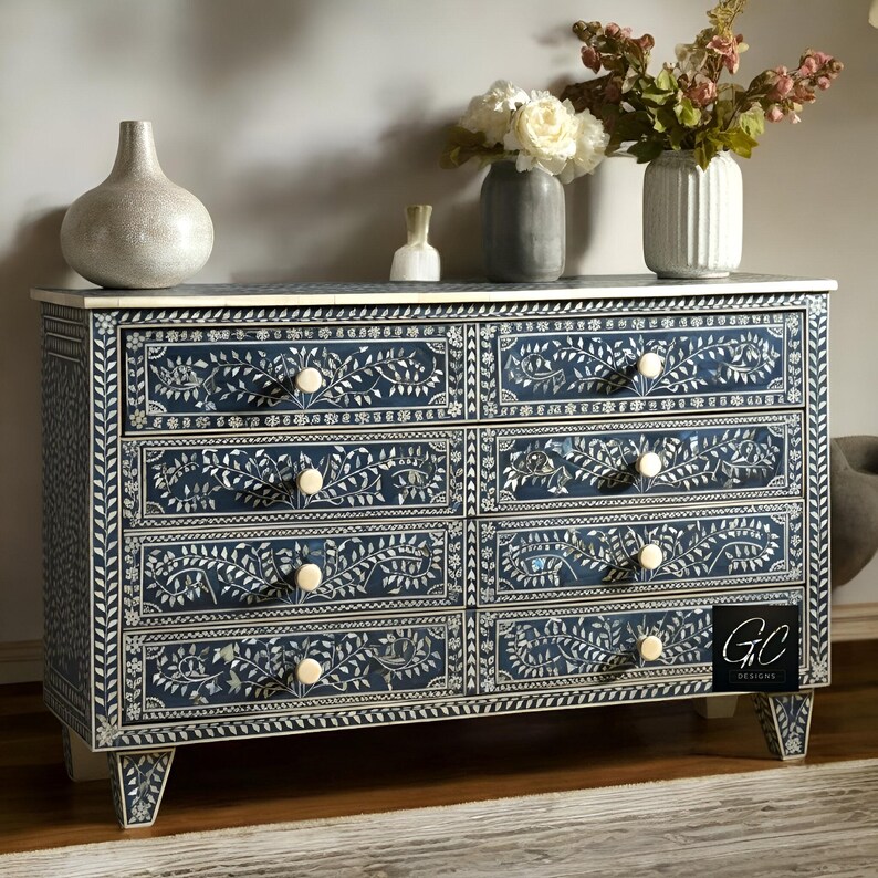 Bone Inlay Floral Pattern Dresser Chest Elegant Buffet Storage Handmade ...