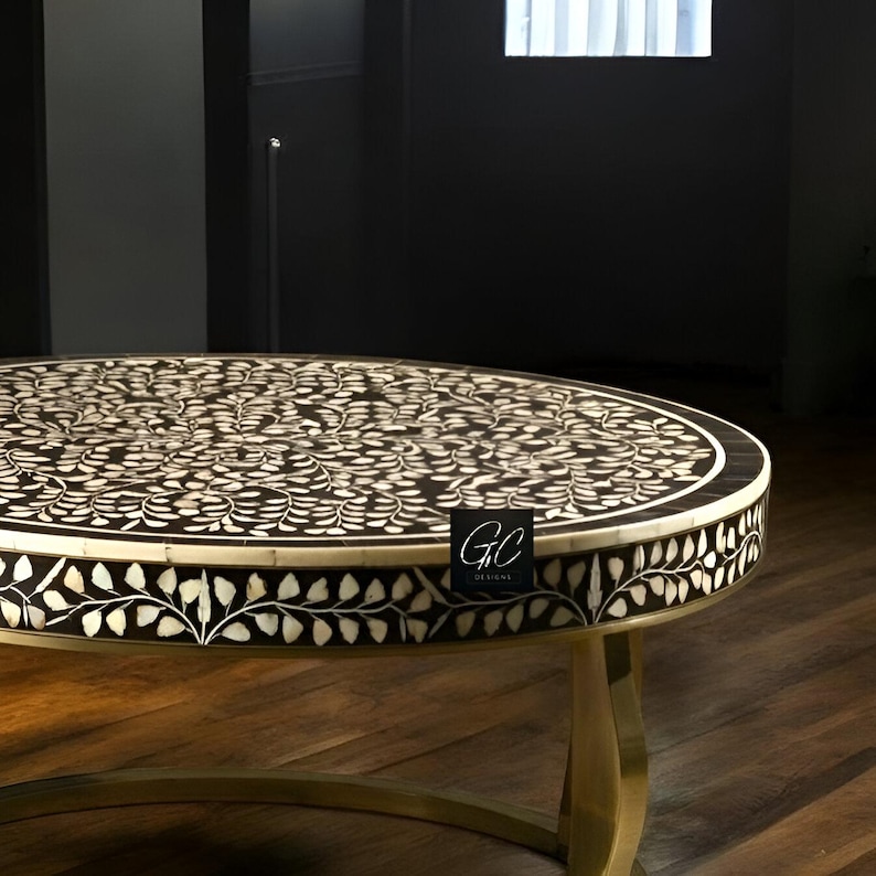 Black and White Bone Inlay Coffee Table With Metal Stand | Round Bone ...