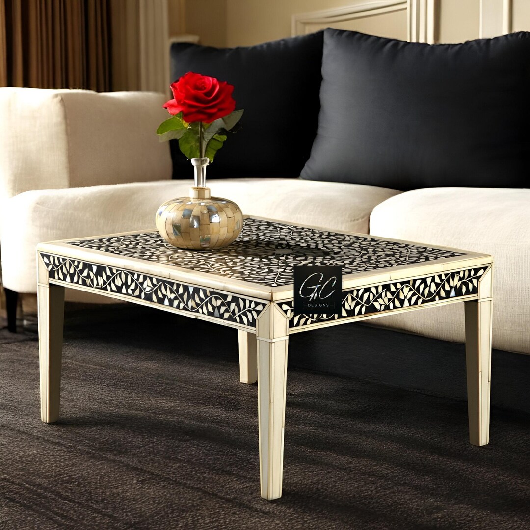 Black and White Handcrafted Coffee Table | Petal Pattern Coffee Table ...