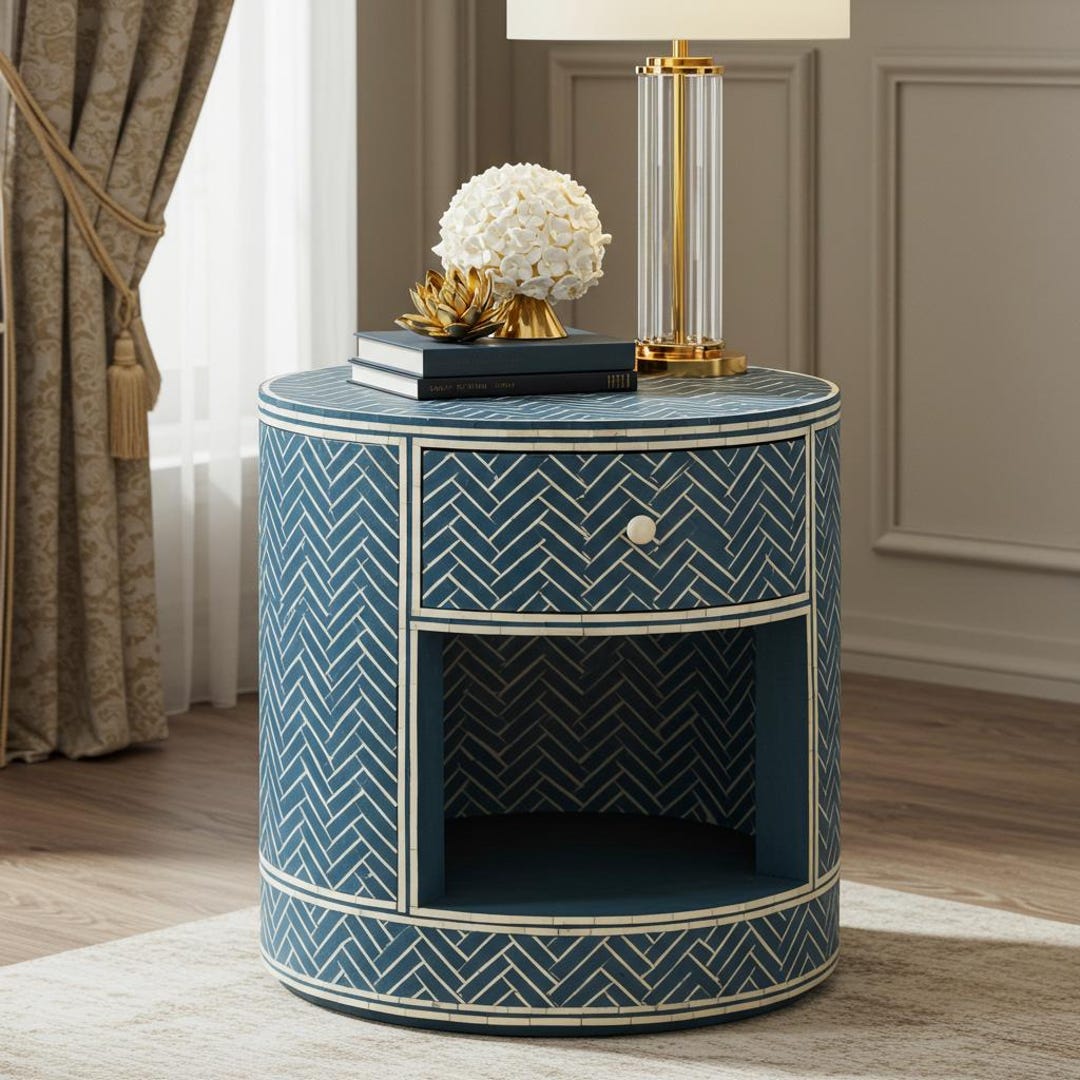 Handcrafted Round Blue Bone Inlay Side Table With Herringbone Inlay ...