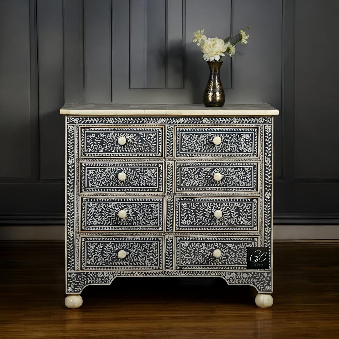Floral Navy Blue Chest 8 Drawer Bone Inlay Chest Handmade Bone Inlay ...