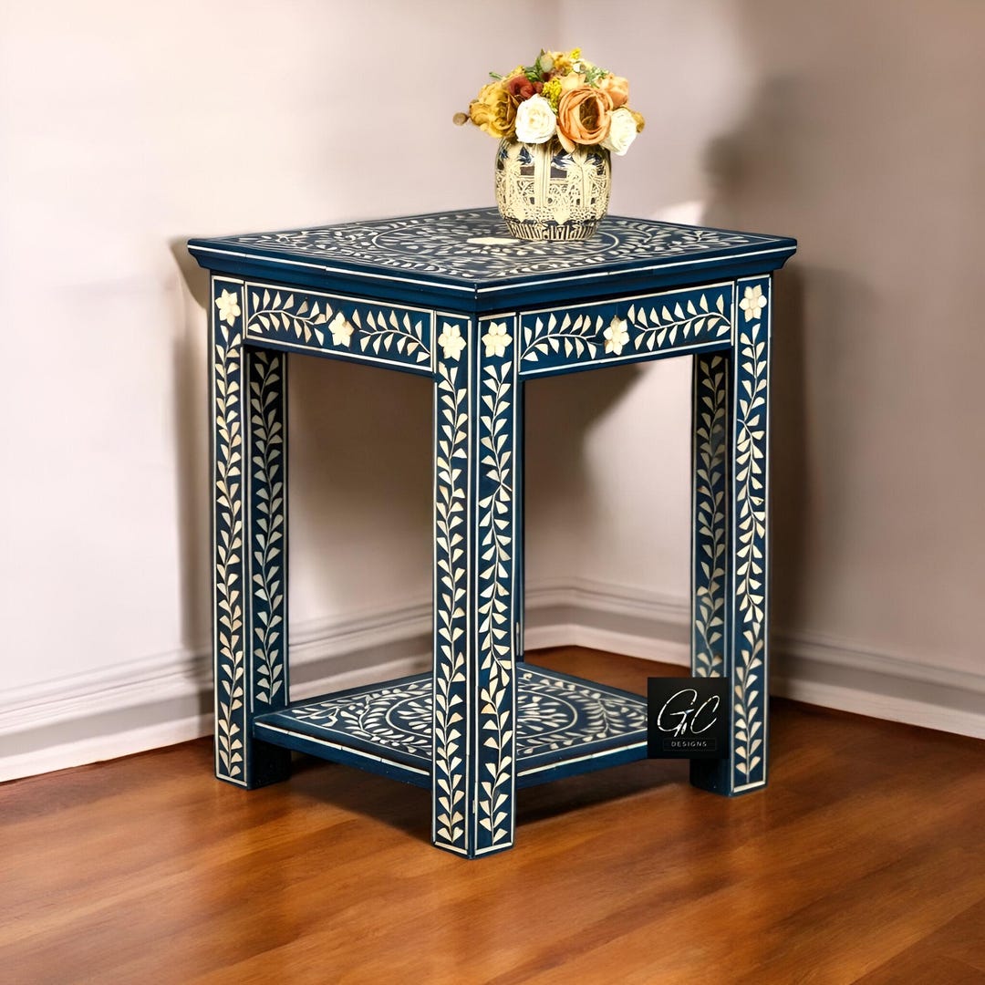 Navy Blue Bone Inlay Side Table Square Bone Inlay End Table Double ...