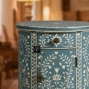 Floral Bone Inlay End Table: Light Blue Round Accent Table - Etsy