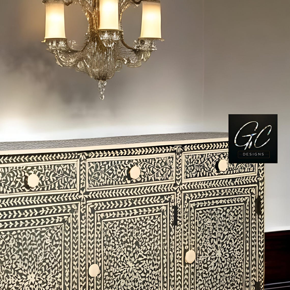Bone Inlay 4 Drawer 4 Door Cabinet | Cabinets for Home | Black Floral ...