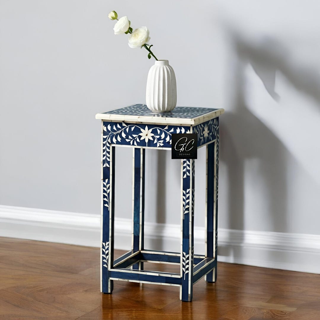 Floral Bone Inlay Planter Bone Inlay Side Table Navy Blue Bone Inlay ...