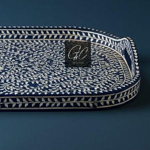 Bone Inlay Navy Blue Tray With Handle Wooden Serving Tray for Home Bone ...