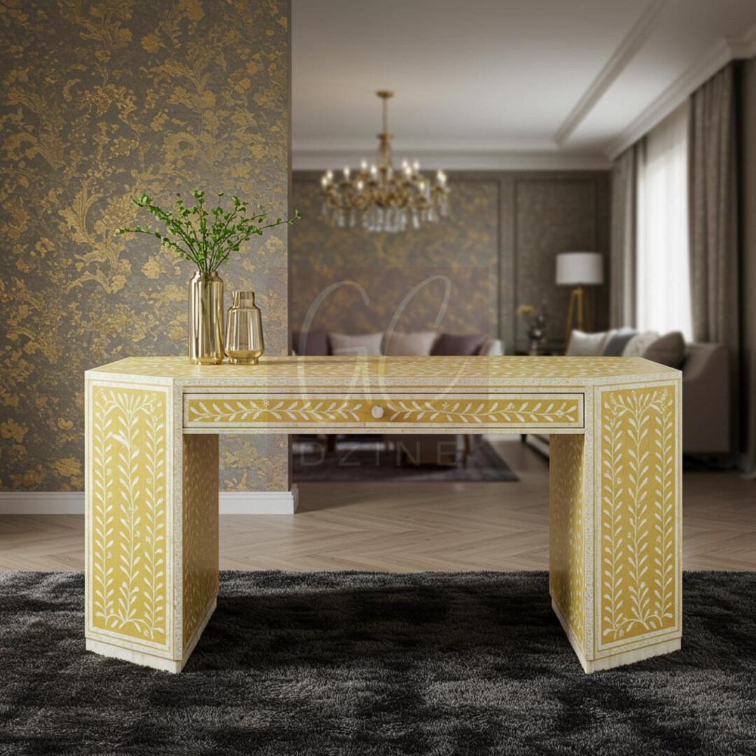Handcrafted Yellow Bone Inlay Desk With Chevron Inlay | Luxury Desk ...