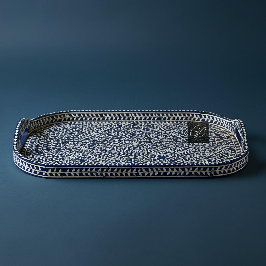 Bone Inlay Navy Blue Tray With Handle Wooden Serving Tray for Home Bone ...