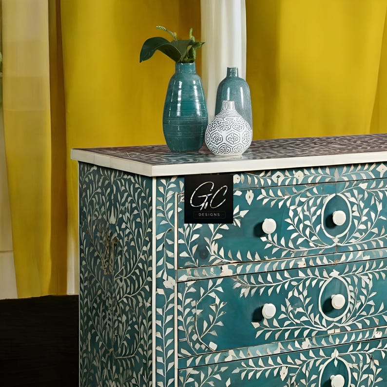 Three Drawer Bone Inlay Chest Floral Pattern Dresser Green Bone Inlay ...