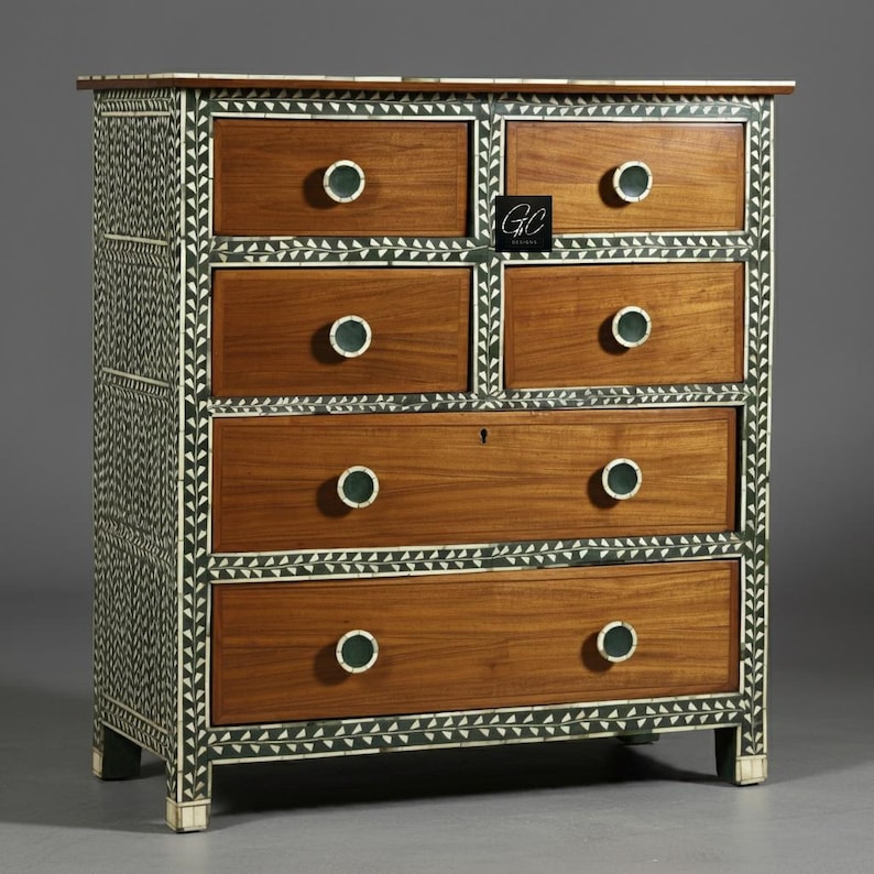Six Drawer Bone Inlay Chest Leaf Pattern Dresser Dual Tone Bone Inlay ...