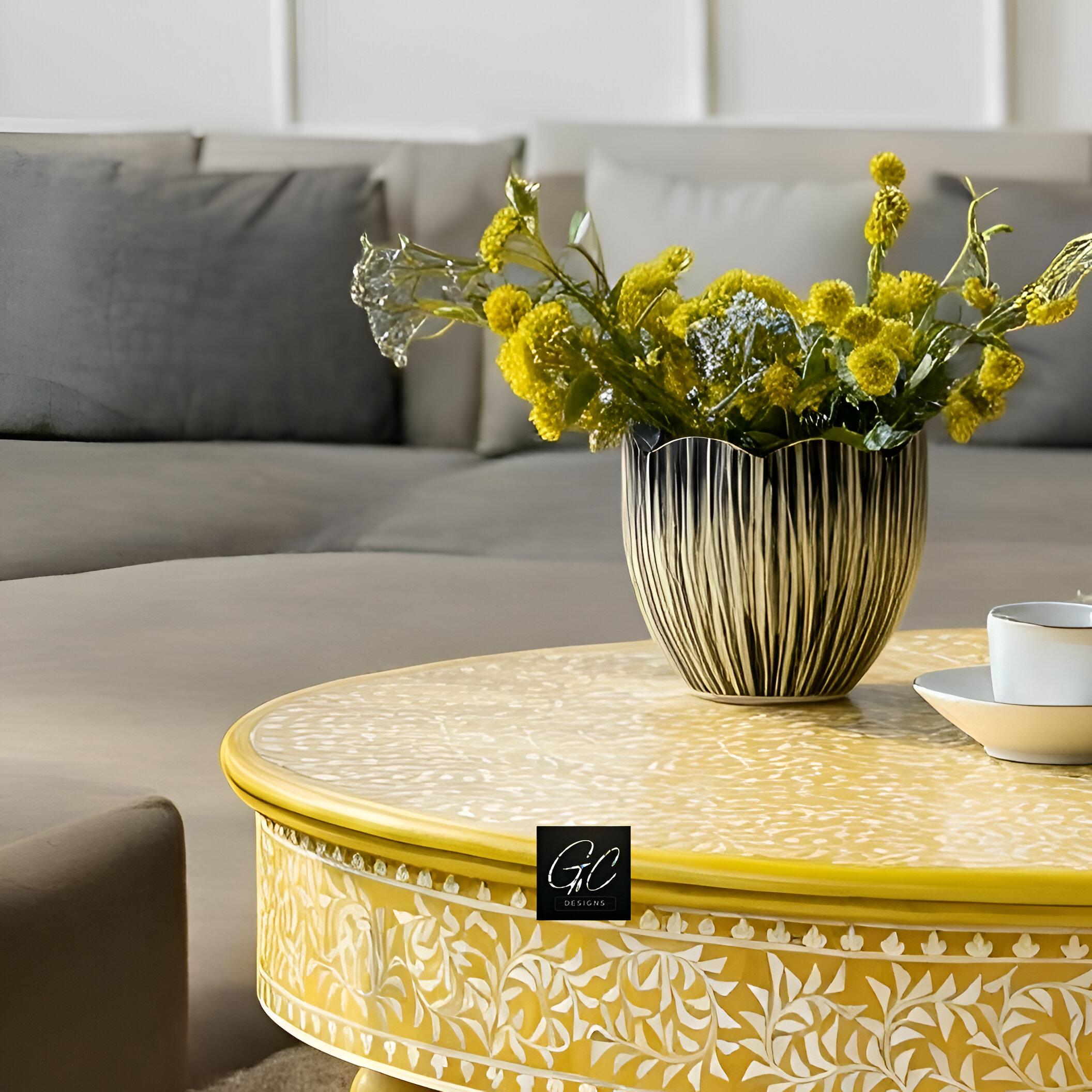 Bone Inlay Floral Coffee Table | Round Yellow Bone Inlay Leg Coffee ...
