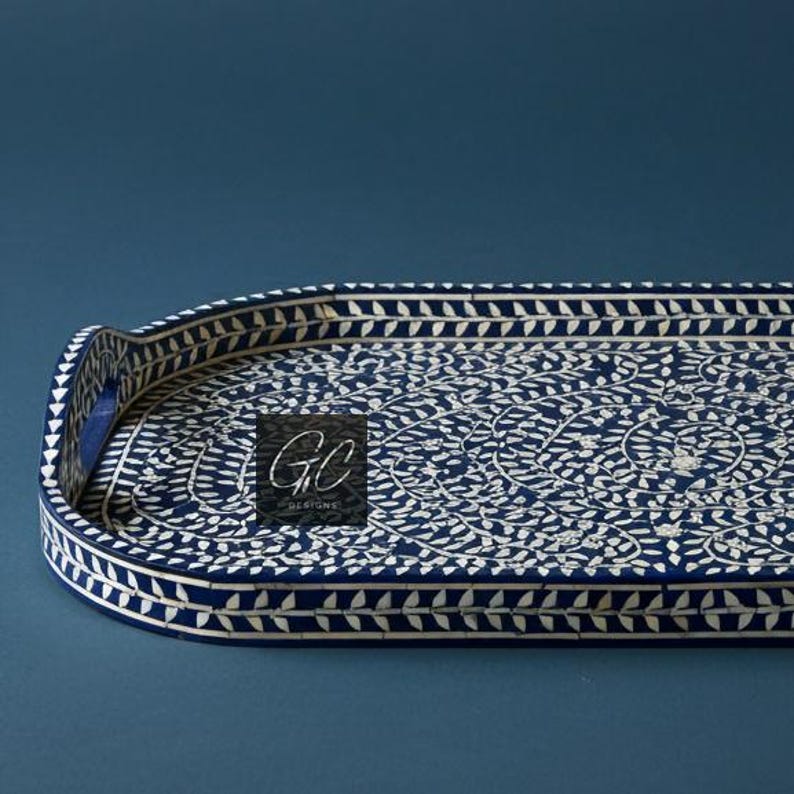 Bone Inlay Navy Blue Tray With Handle Wooden Serving Tray for Home Bone ...