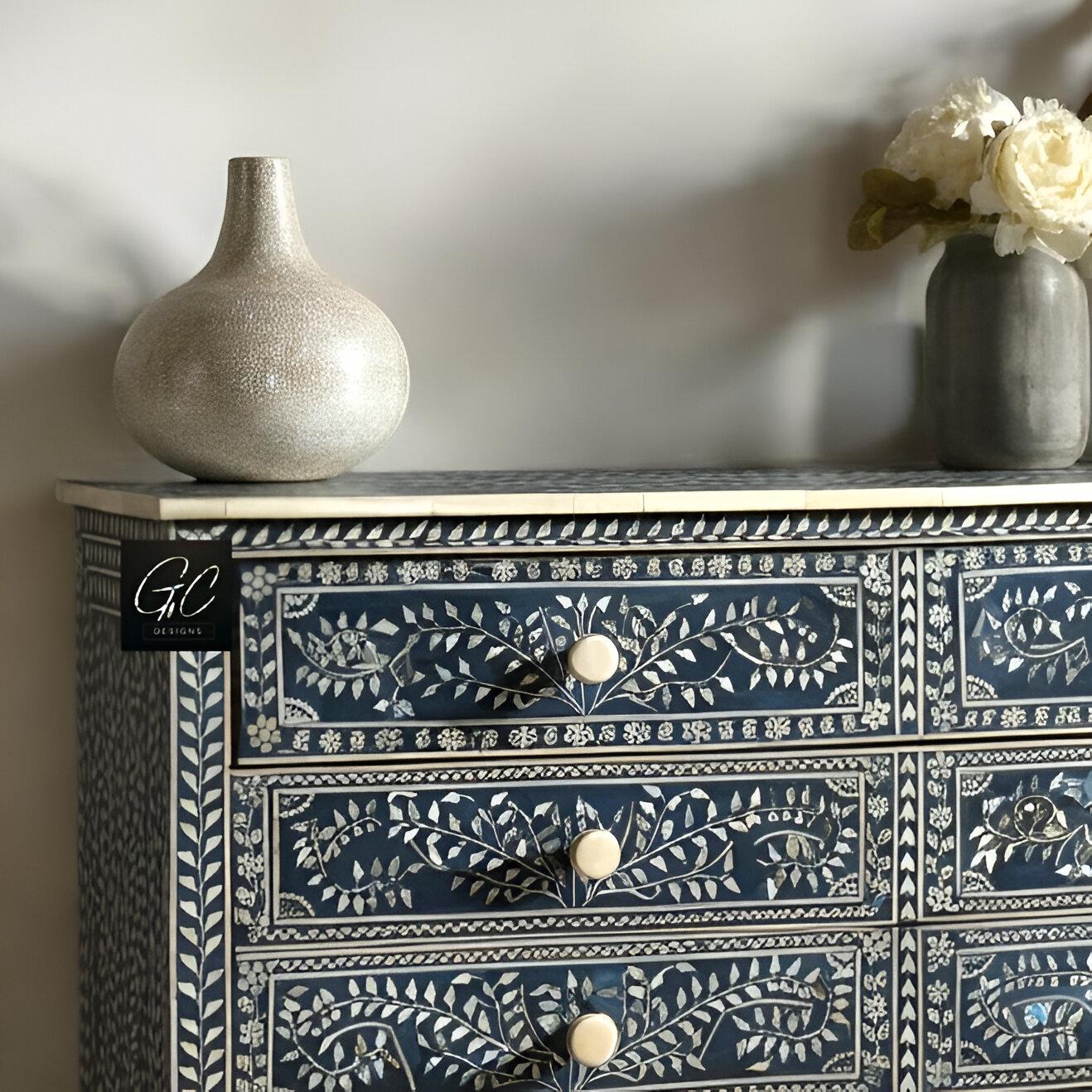 Bone Inlay Floral Pattern Dresser Chest Elegant Buffet Storage Handmade ...