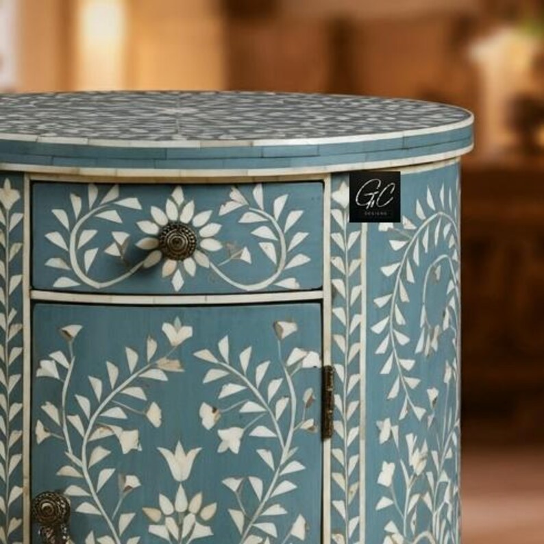 Floral Bone Inlay End Table: Light Blue Round Accent Table - Etsy
