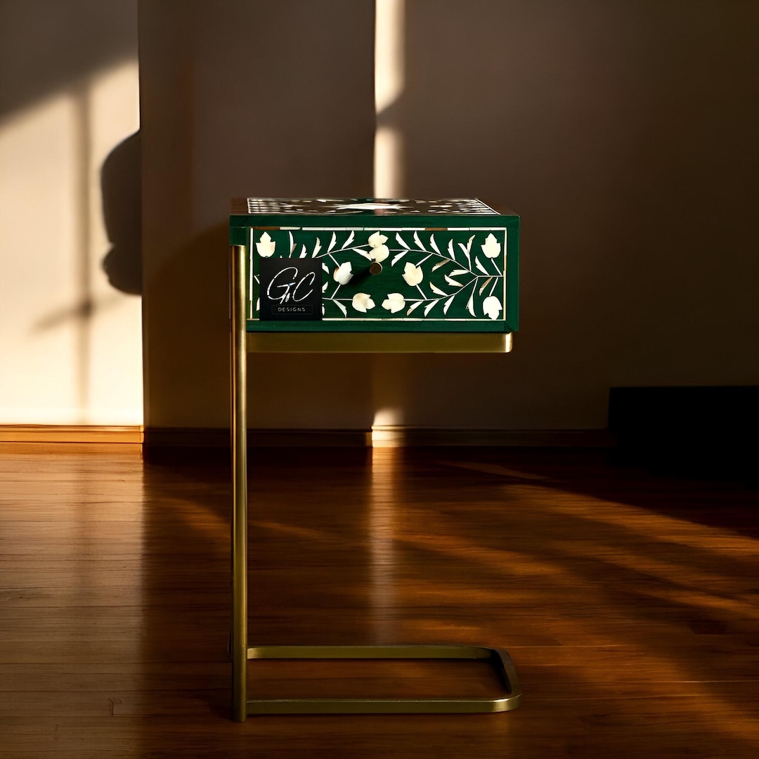 Green Bone Inlay Table With Metal Leg | Modern Bone Inlay End Table ...