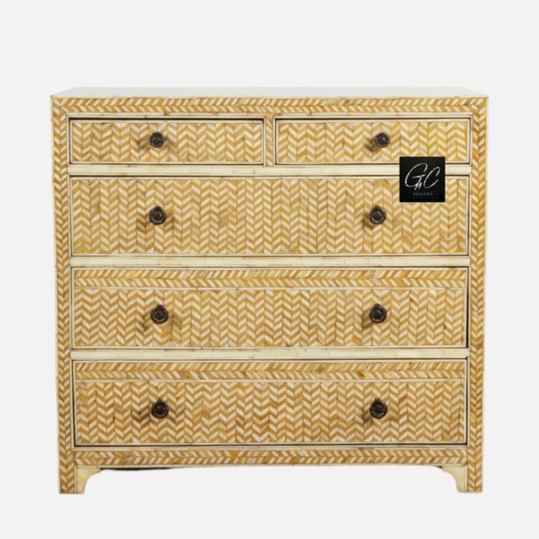 Five Drawer Bone Inlay Chest | Herringbone Pattern Dresser | Yellow ...