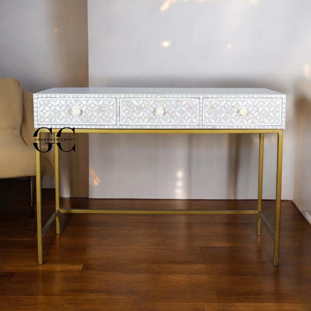 Floral Mother of Pearl Inlay Desk - 3 Drawer White Desk - Etsy