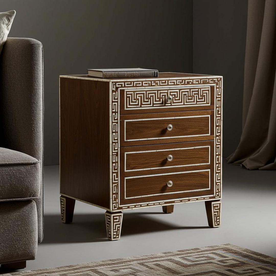 Handcrafted Bone Inlay Nightstand: Greek Key Luxury Bedside - Etsy