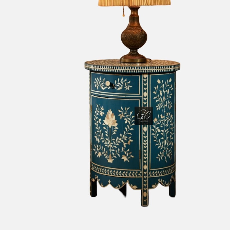 Navy Blue Floral Bone Inlay Round Side Table With Drawer - Etsy