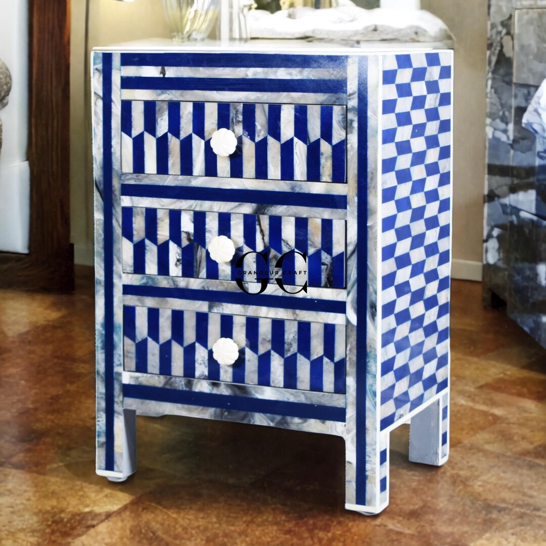 Bone Inlay Blue Nightstand Unique Pattern Three Drawer Nightstand Three ...