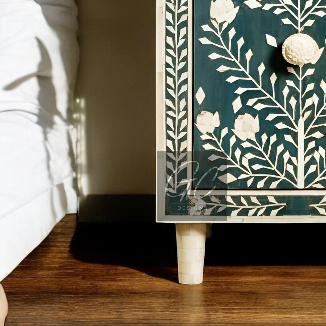 Bone Inlay Nightstand | One Drawer Storage Cabinet | Zed Green and ...