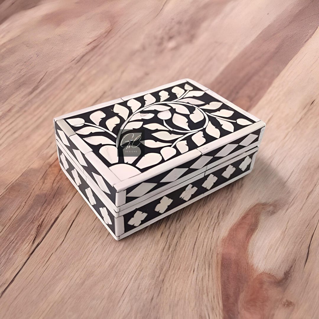 Black Bone Jewelry Box Bone Inlay Jewelry Box Floral Black and White ...
