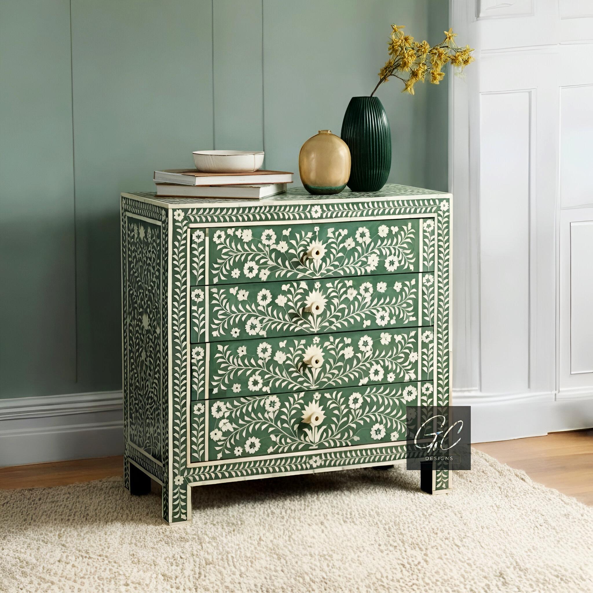 Four Drawer Bone Inlay Chest | Floral Pattern Dresser | Green Bone ...