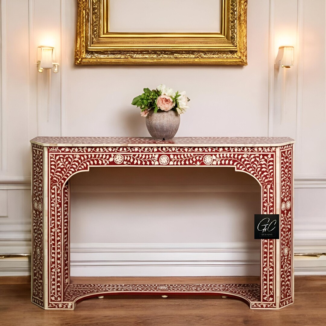 Floral Red Bone Inlay Console Table | Elegant Floral Pattern Top ...
