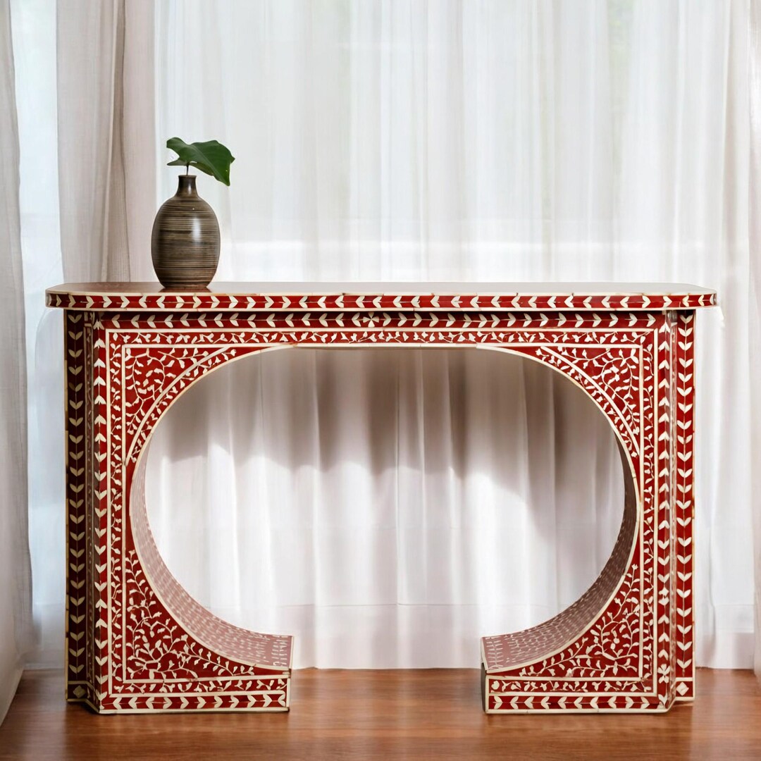 Bone Inlay Console Table Floral Pattern Console Table Heart Shape ...