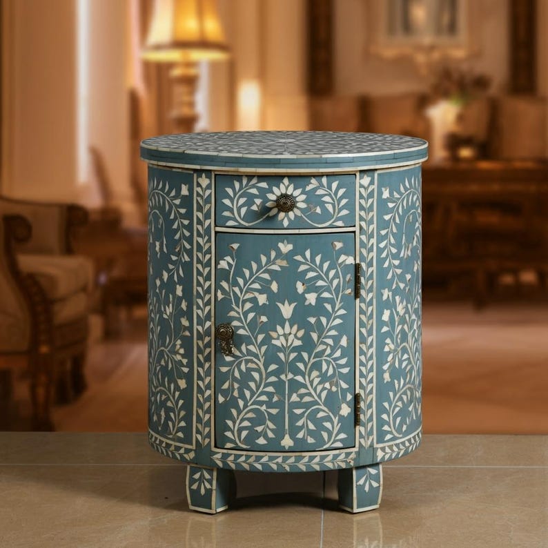 Floral Bone Inlay End Table: Light Blue Round Accent Table - Etsy