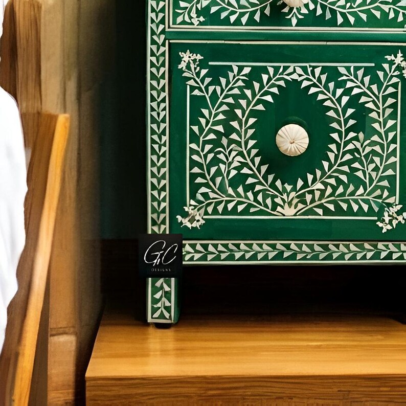Green Bone Inlay Nightstand: Floral Pattern Three-drawer Cabinet - Etsy