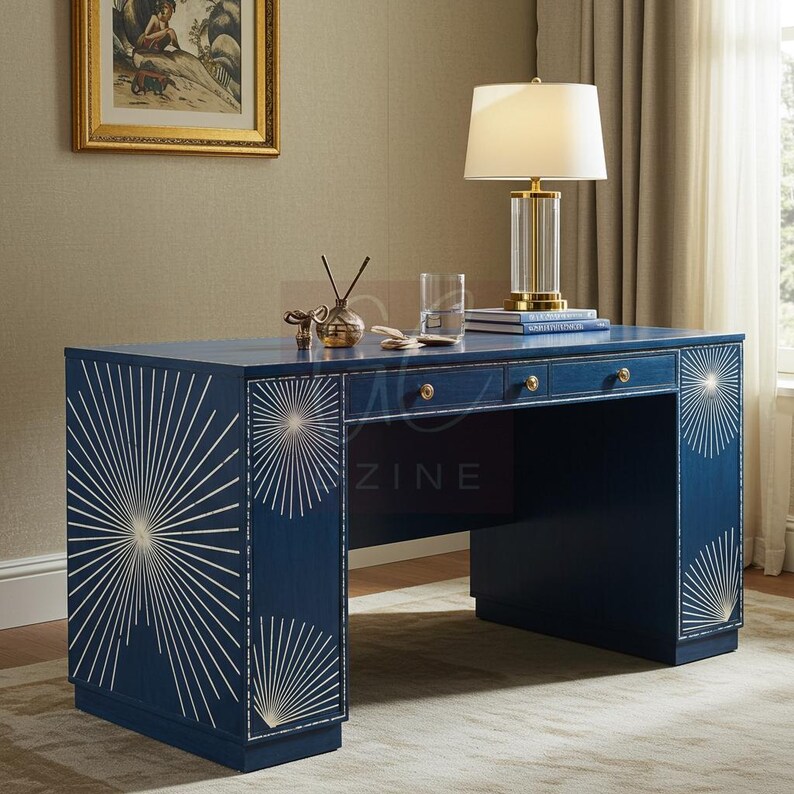 Handcrafted Blue Bone Inlay Desk: Sunburst Design, Luxury Furniture - Etsy