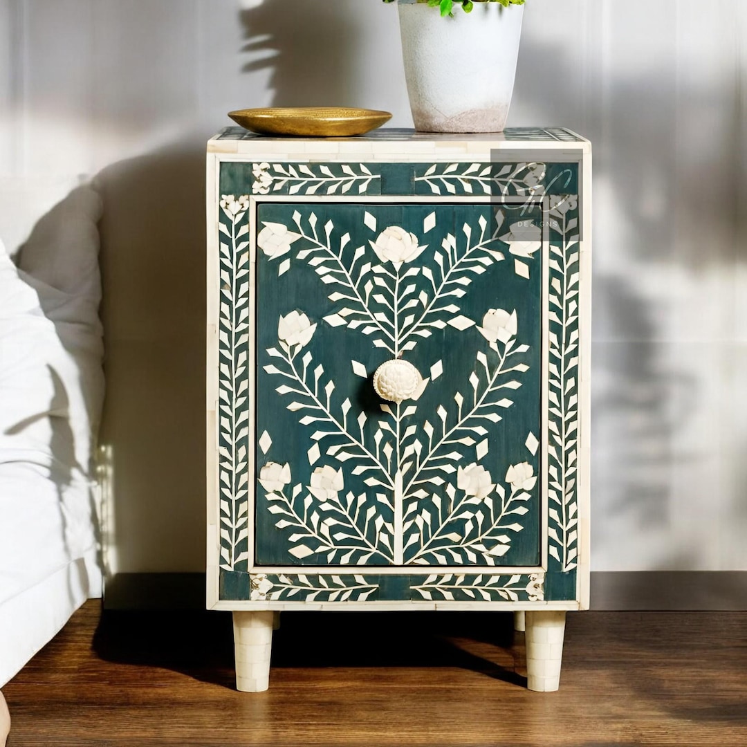 Bone Inlay Nightstand | One Drawer Storage Cabinet | Zed Green and ...