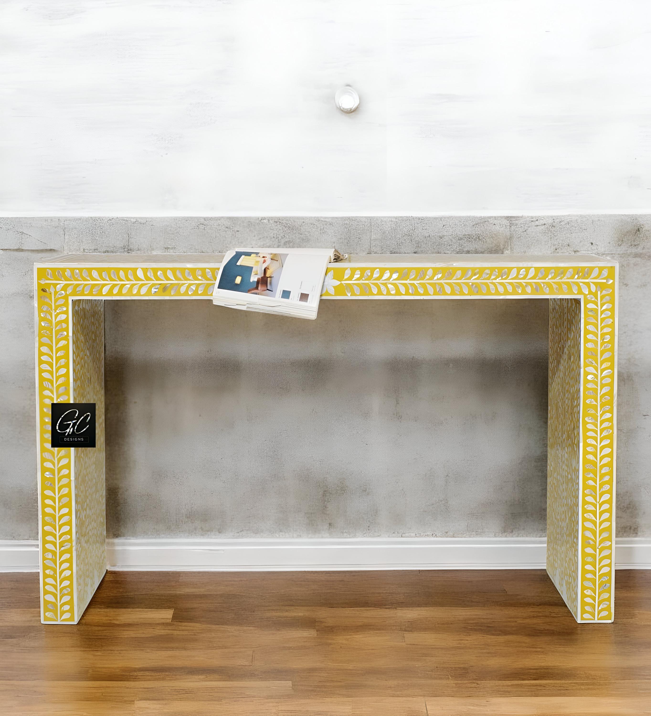 Yellow Floral Mother of Pearl Inlay Console Table | Yellow MOP Console ...