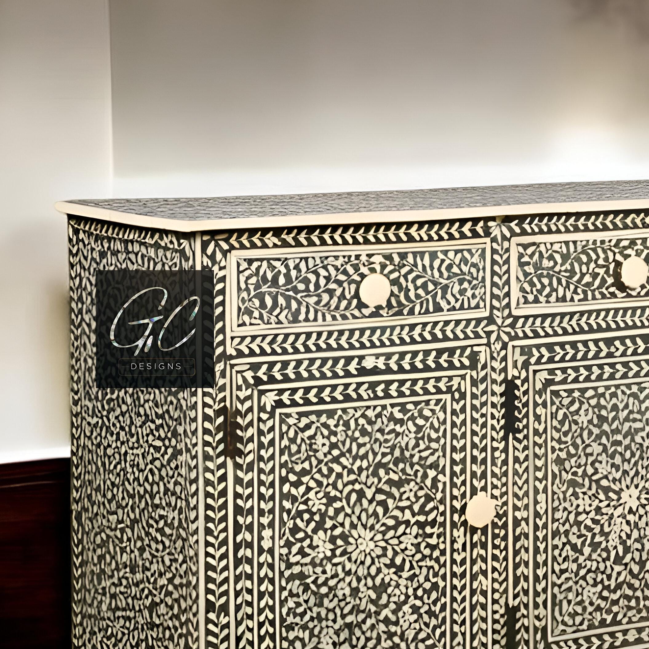 Bone Inlay 4 Drawer 4 Door Cabinet | Cabinets for Home | Black Floral ...