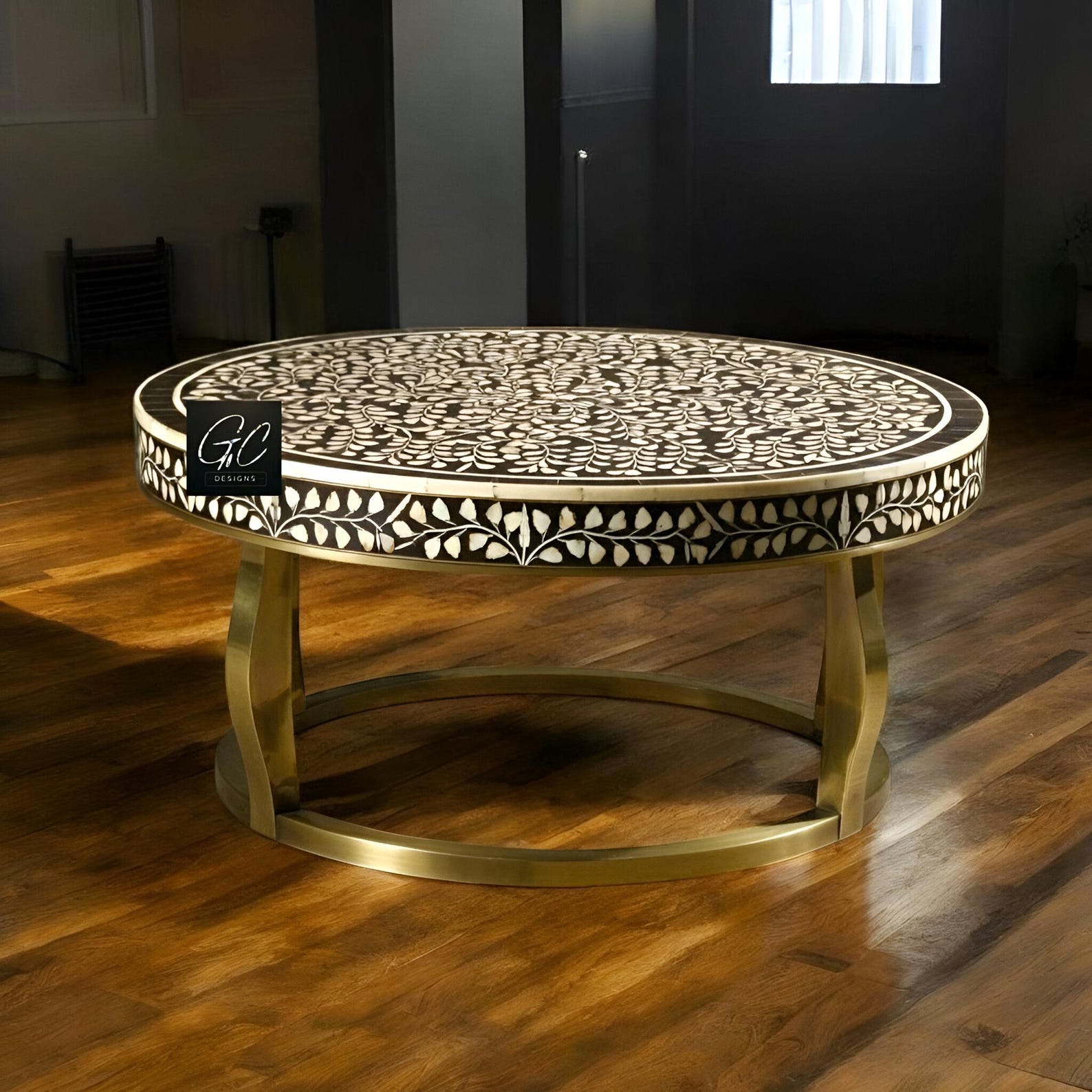 Black and White Bone Inlay Coffee Table With Metal Stand | Round Bone ...