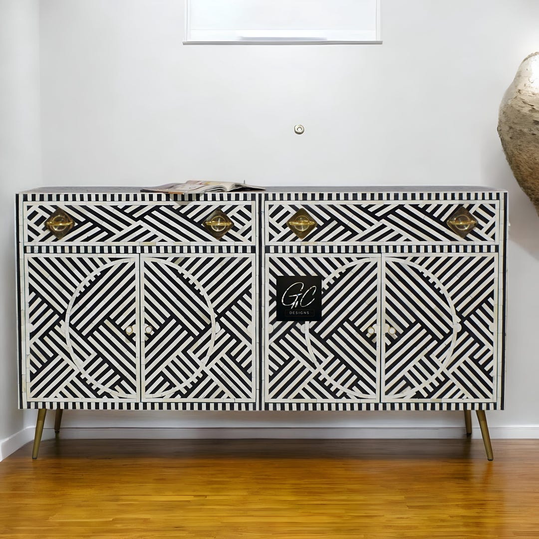 Bone Inlay Four Door Cabinet | Optical Pattern Cabinets | Black Cabinet ...