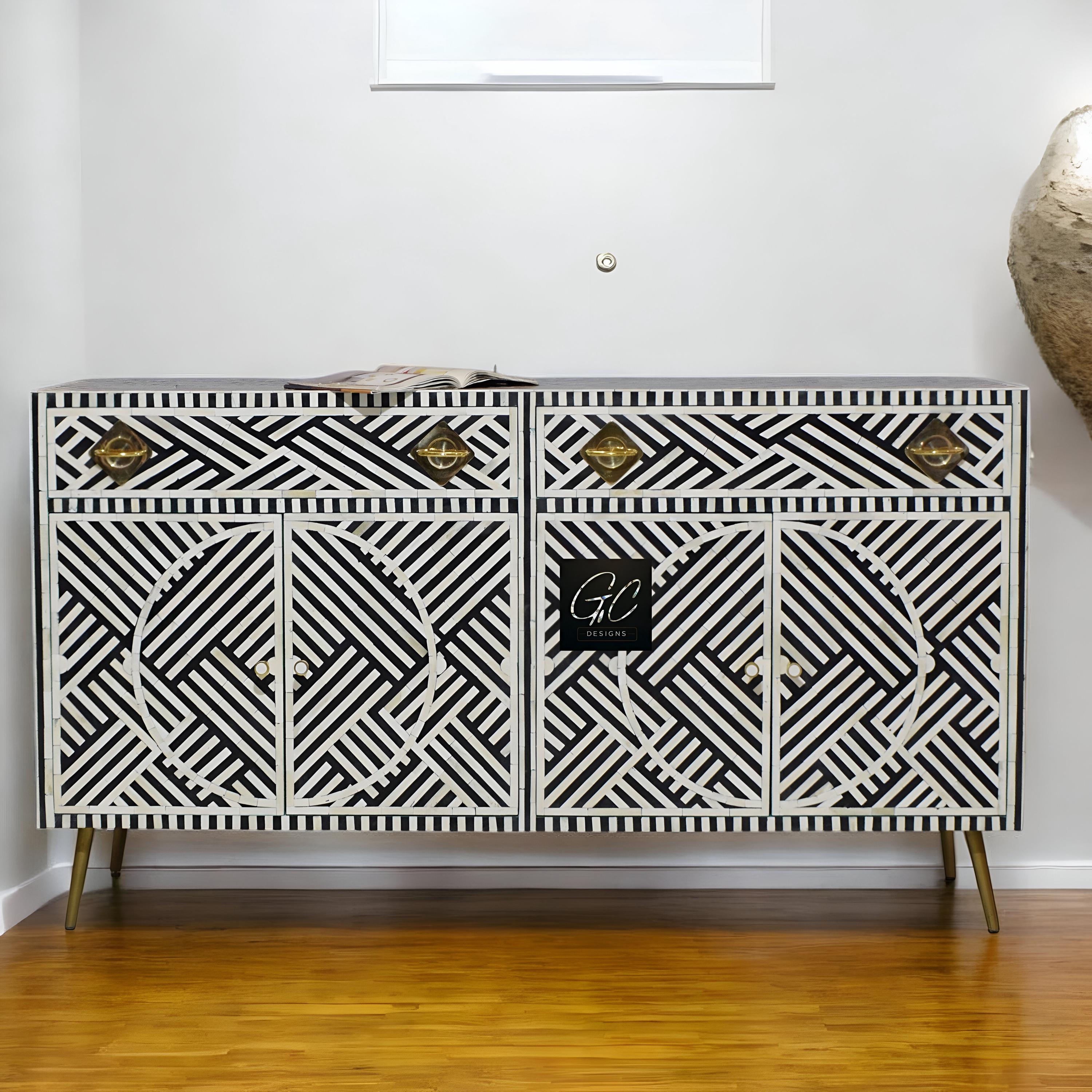 Bone Inlay Four Door Cabinet | Optical Pattern Cabinets | Black Cabinet ...
