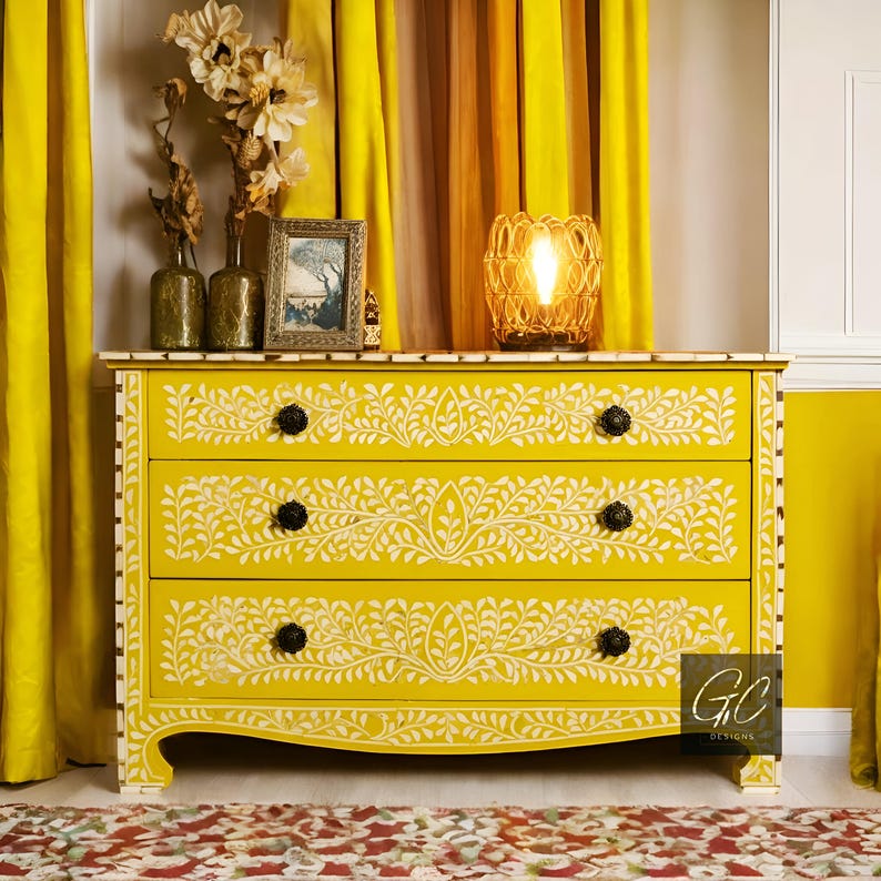 Bone Inlay Three Drawer Chest | Floral Pattern Dresser | Yellow Bone ...