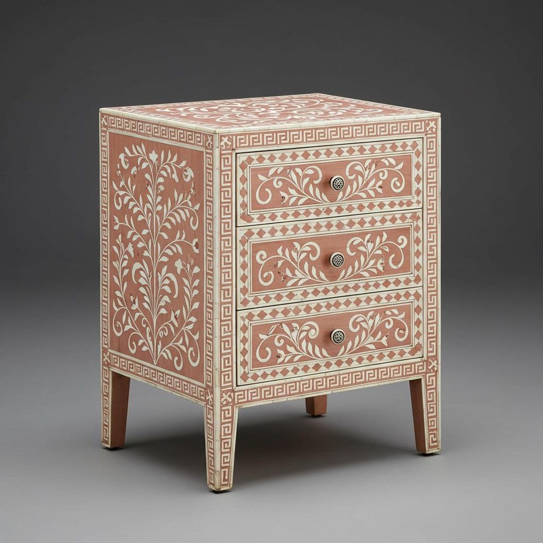 Handcrafted Bone Inlay Nightstand: Greek Key Floral Bedside Table - Etsy
