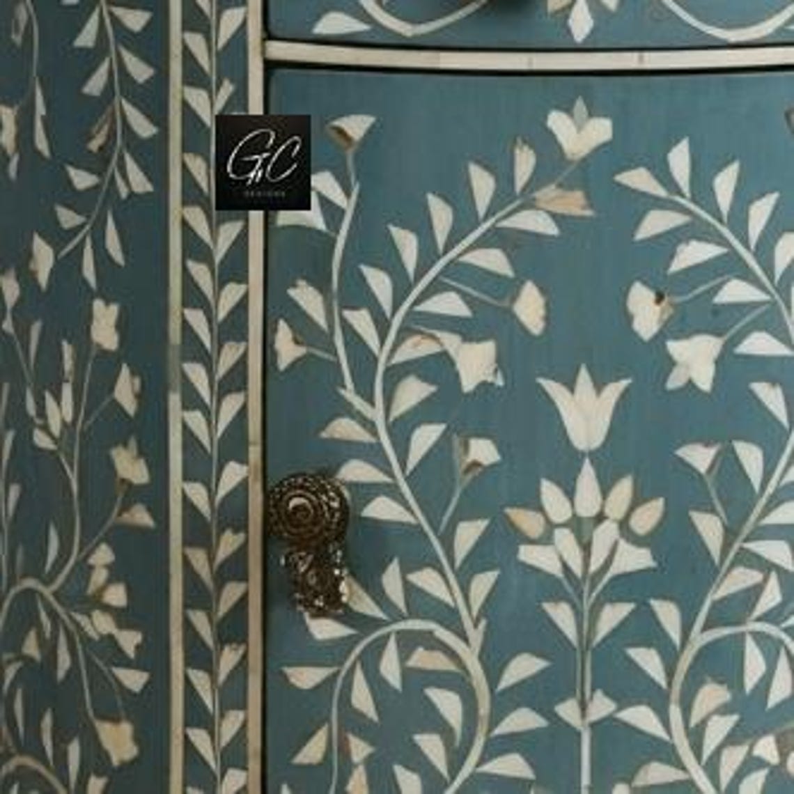 Floral Bone Inlay End Table: Light Blue Round Accent Table - Etsy