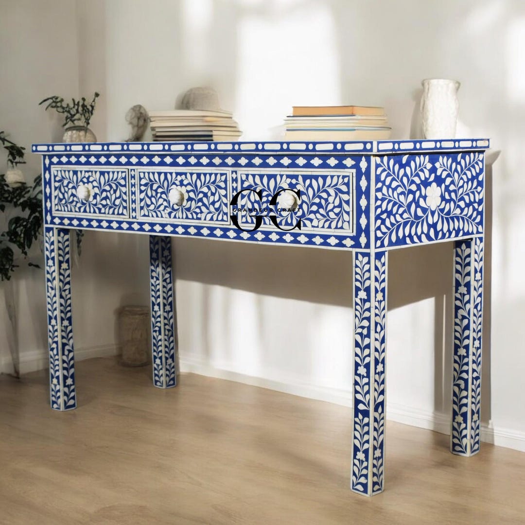 Bone Inlay 3 Drawer Desk | 3 Drawer Blue Desk | Floral Pattern Desk ...
