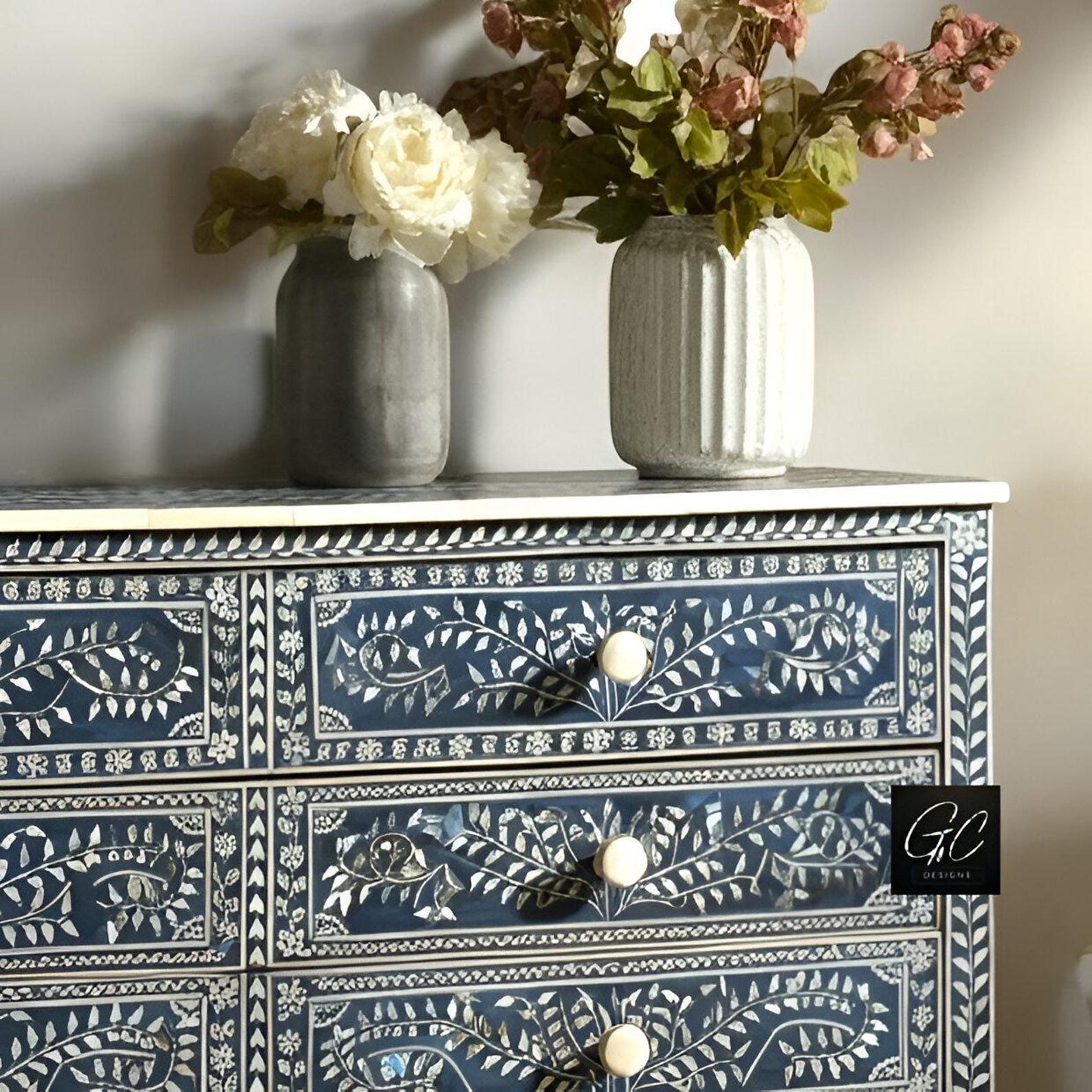 Bone Inlay Floral Pattern Dresser Chest Elegant Buffet Storage Handmade ...