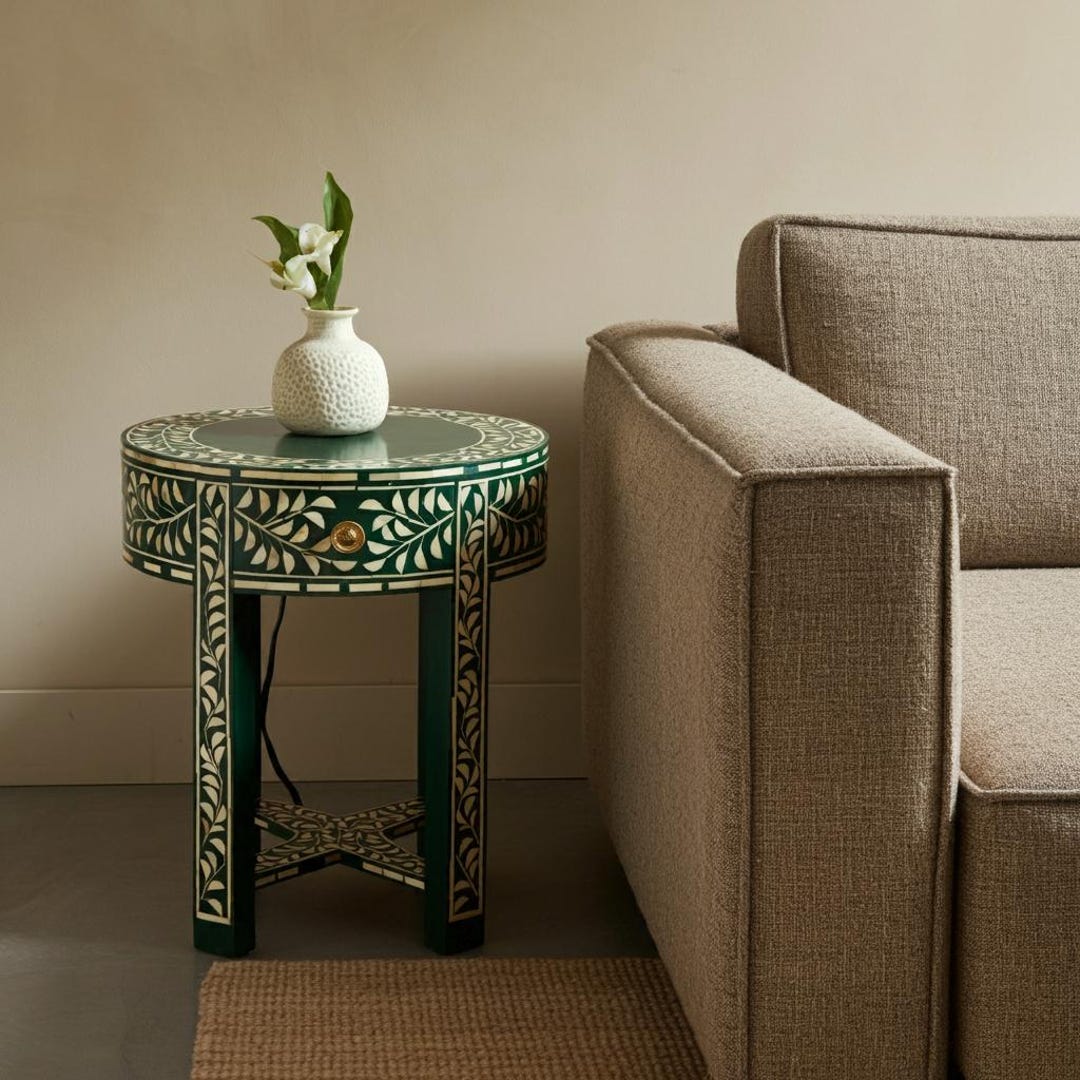 Round Single Drawer Dark Green End Table | White Bone Inlay Round End ...